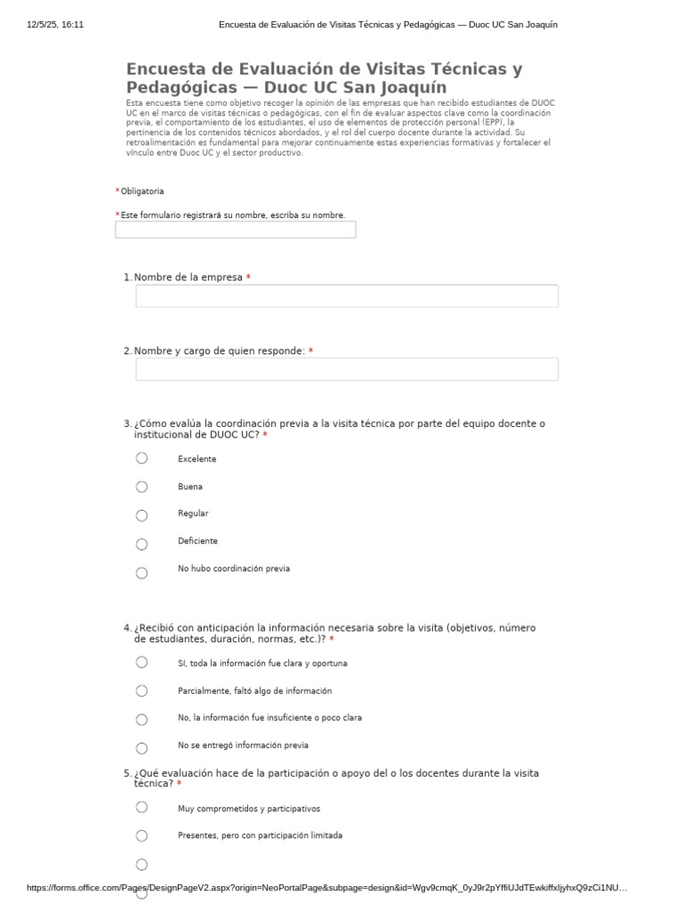 Encuesta de Evaluación de Visitas Técnicas y Pedagógicas - Duoc UC San Joaquín | PDF ...