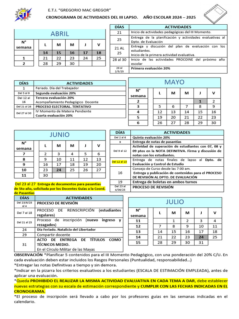 Cronograma Iii Lapso 2024-2025 Técnica | PDF