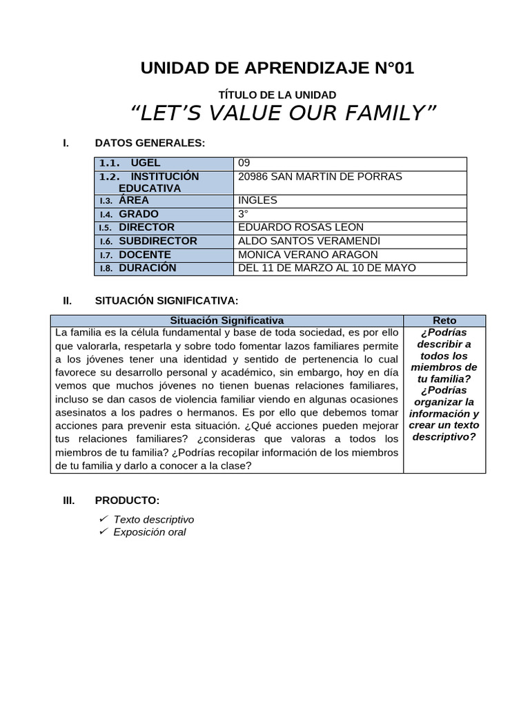 Primera Unidad de Aprendizaje Ingles 3ero Ciclo Vii 2024 | PDF | Aprendizaje | Experiencia