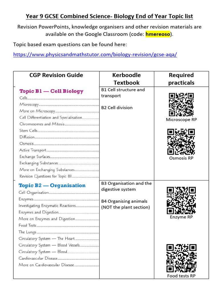 Year 9 Biology EOY Topic List | PDF