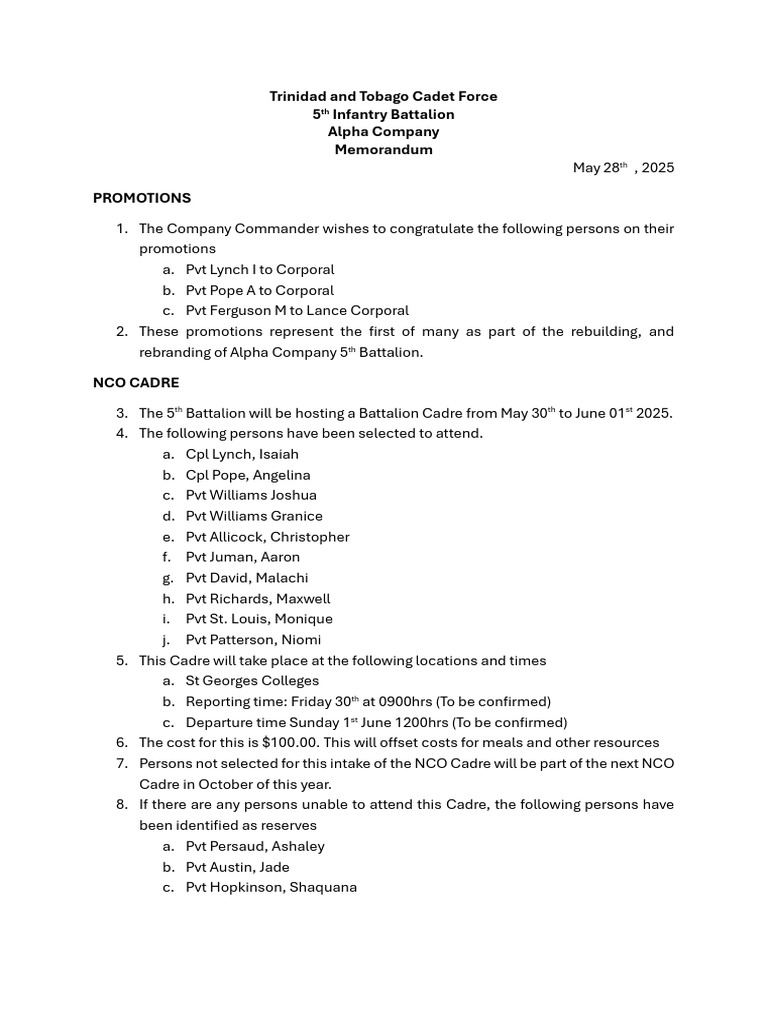 Memorandum May 28th 2025 | PDF | Corporal | Military Of The United States