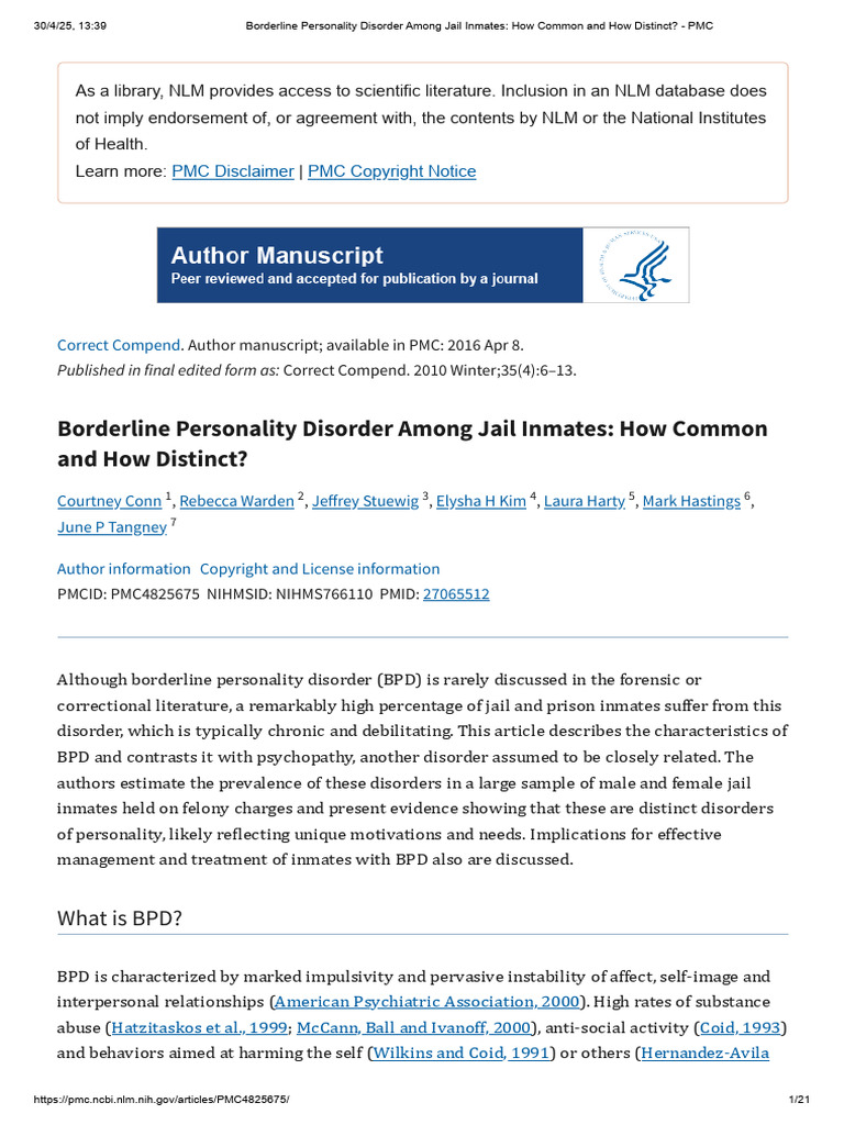 Borderline Personality Disorder Among Jail Inmates - How Common and How ...