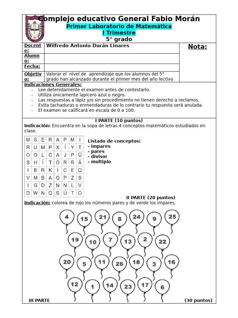 Laboratorio 1 Quinto Grado | PDF