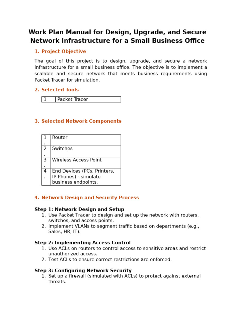 Work Plan Manual For Design, Upgrade, and Secure Network Infrastructure For A Small Business O | PDF