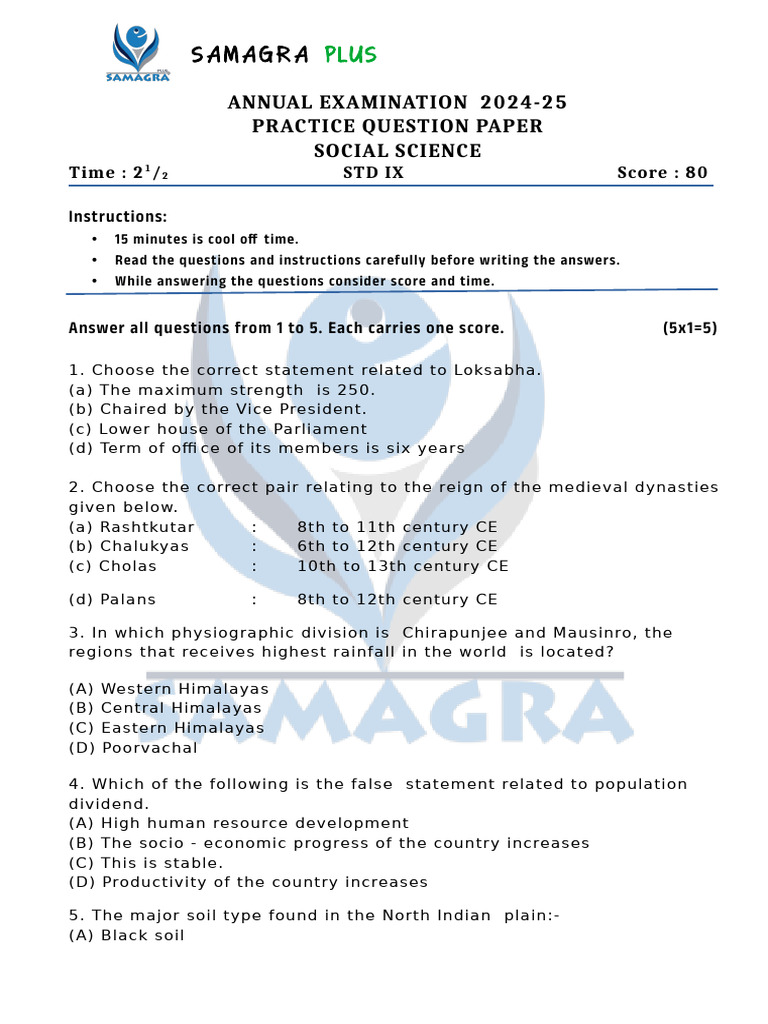 Samagra Annual Exam Model Question Paper STD 9 -Social Science EM | PDF | Coast | Plateau