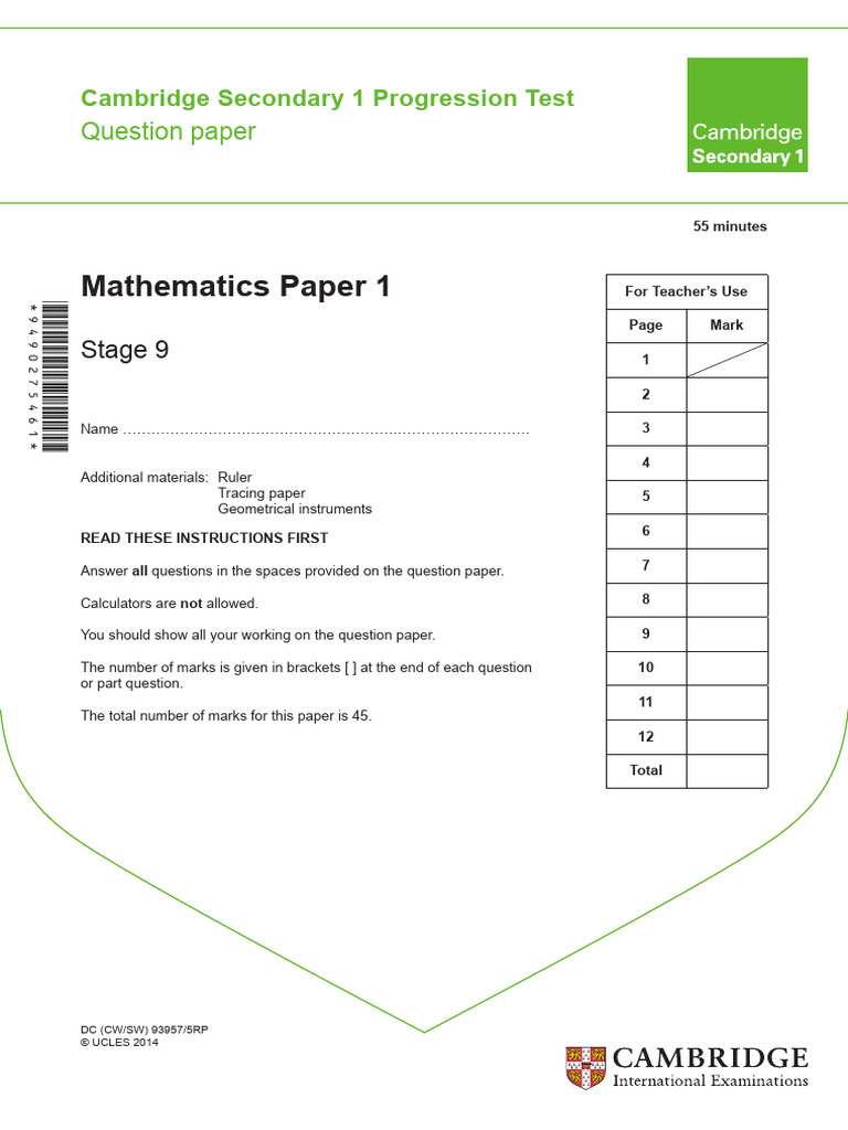 Math Progression Test Stage 9 2014 p1 (1) Youssef Answer | PDF ...