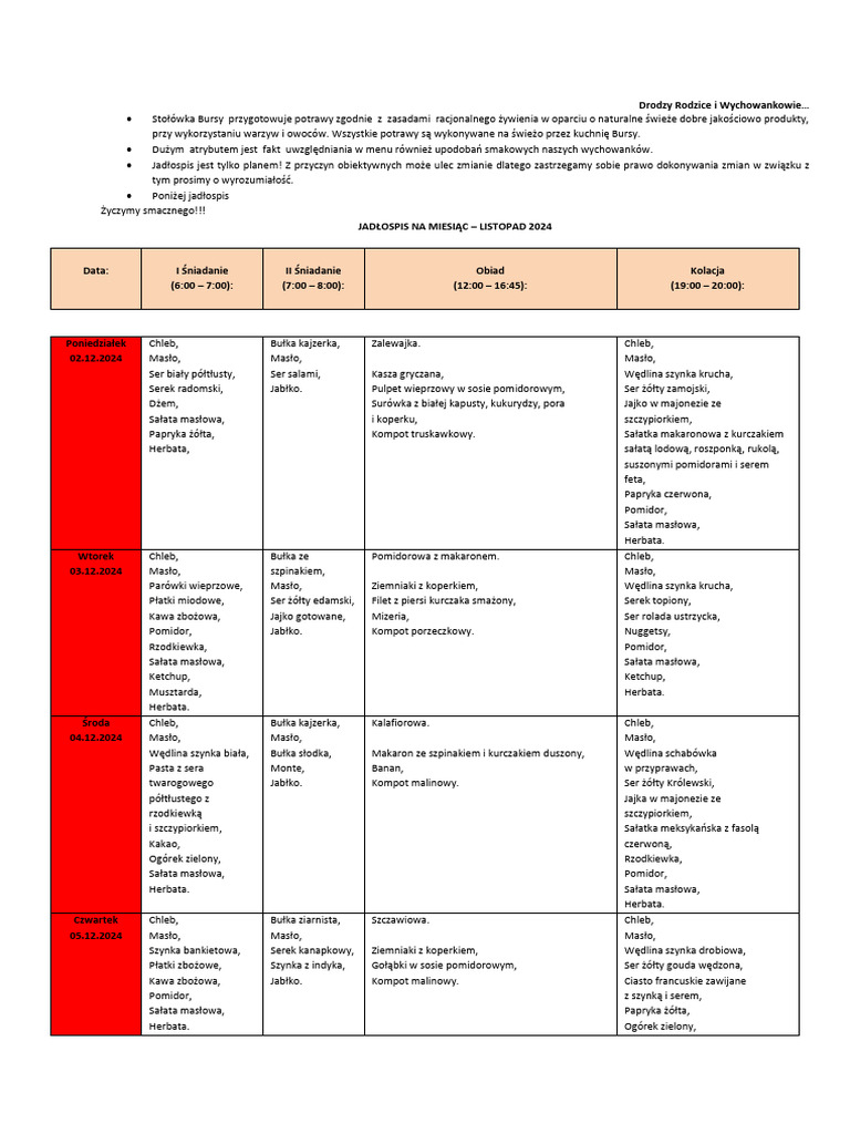 Jadlospis Grudzien 2024 | PDF