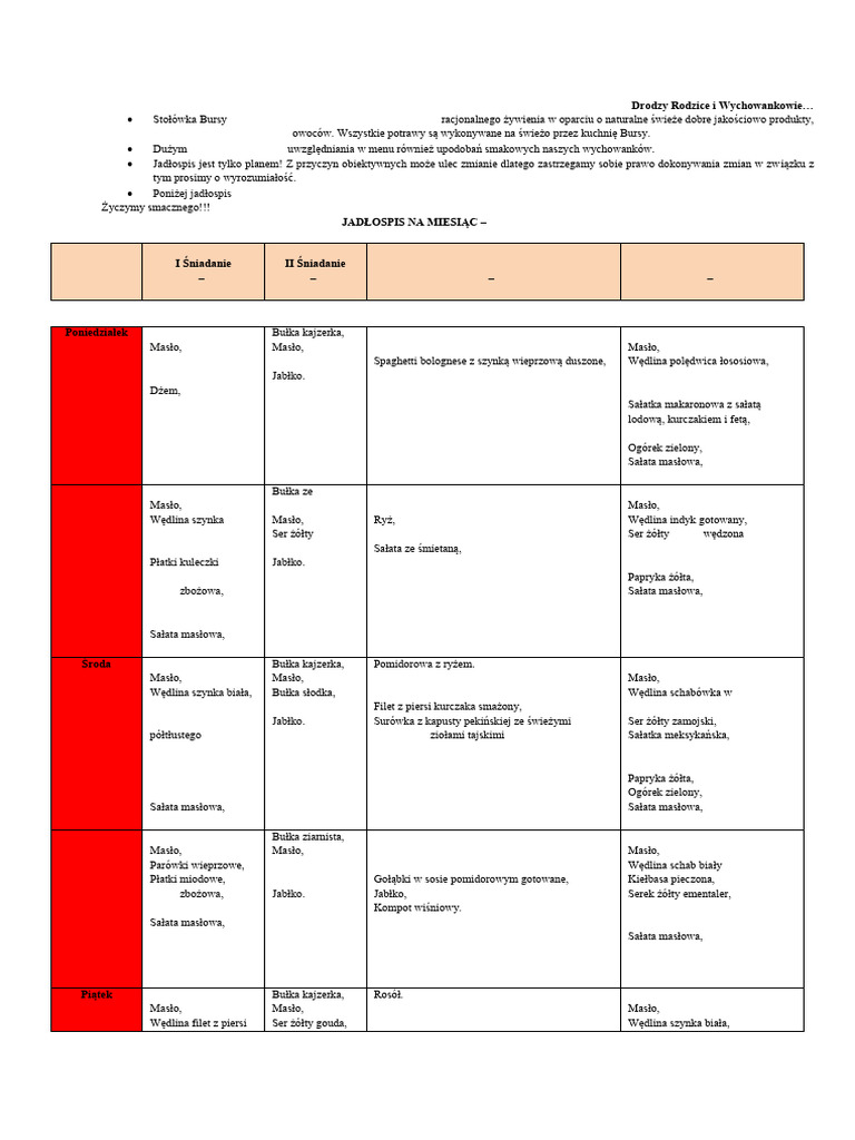 Jadlospis Listopad 2024 | PDF