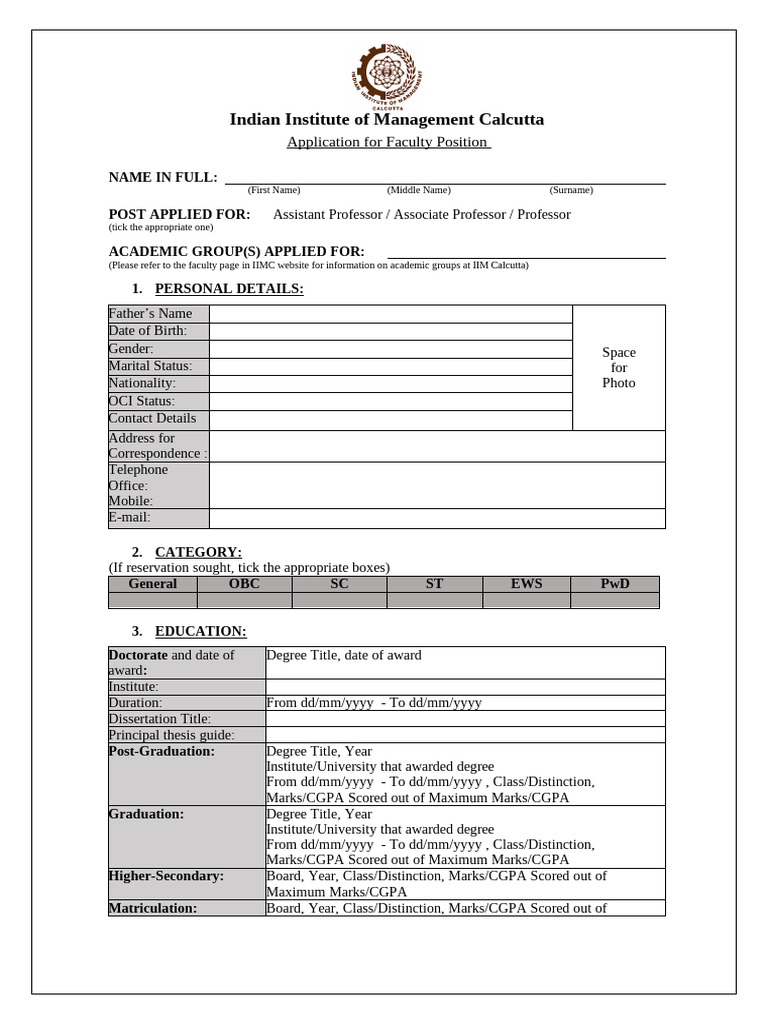 IIM Calcutta Faculty Application Form | PDF | Thesis | Academia