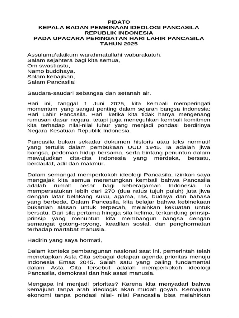 Sambutan Kepala Bpip Upacara Harlah Pancasila 2025 | PDF