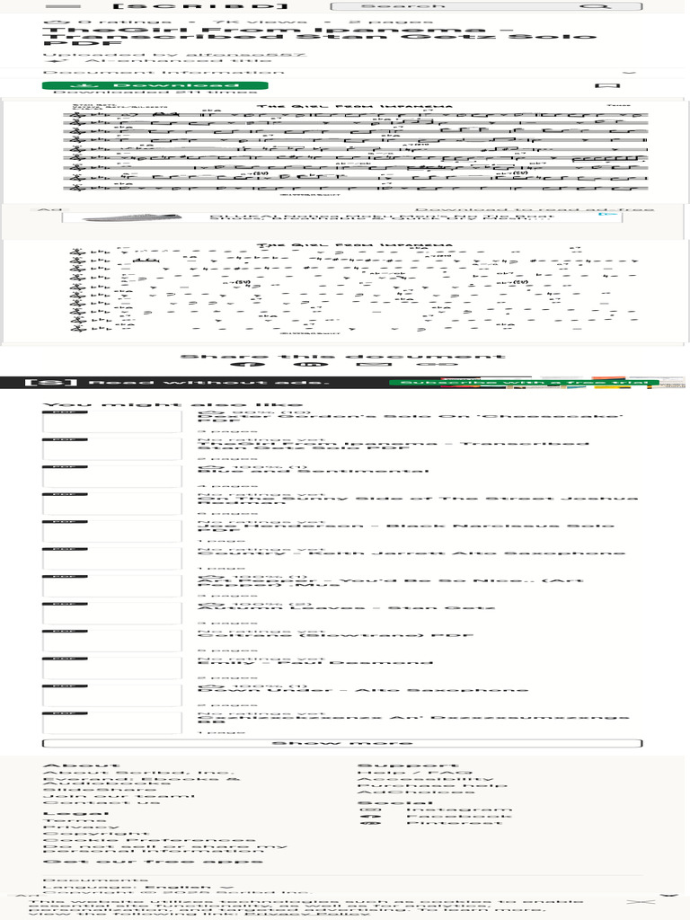 TheGirl From Ipanema - Transcribed Stan Getz Solo PDF PDF Lauréats Des ...