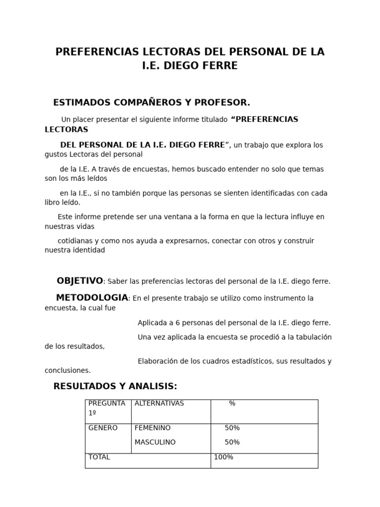 Preferencias Lectoras en I.E. Diego Ferre | PDF