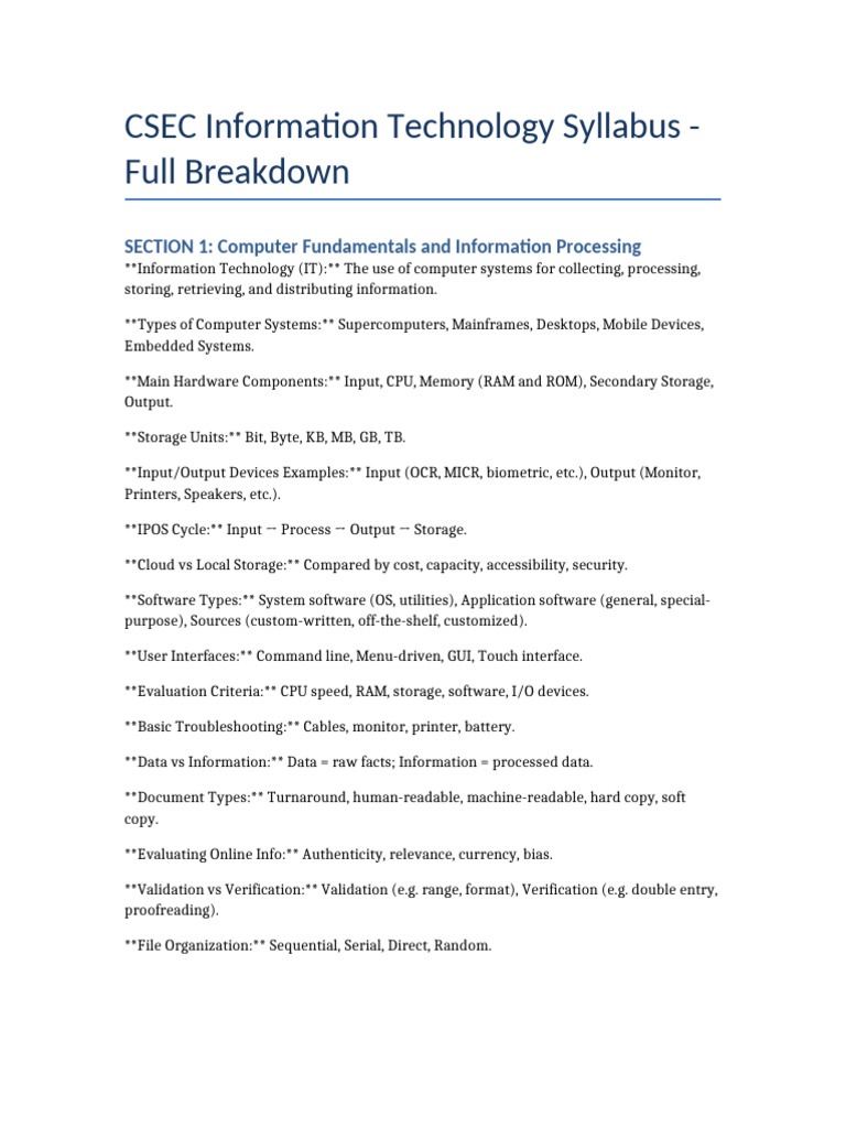 CSEC IT Syllabus Breakdown Sections1to8 | PDF | Computer Network ...