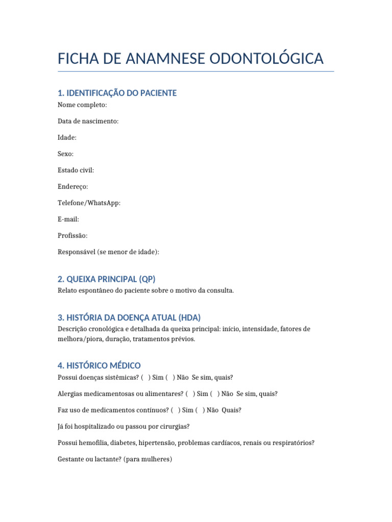 Modelo Anamnese Odontologica | PDF