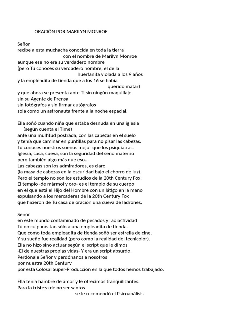 Ernesto Cardenal Oración Por Marilyn Monroe | PDF