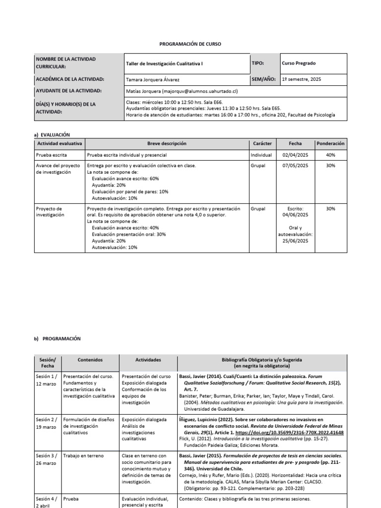 Programaci N Taller de Cualitativa I Actualizada 19.03.2025 | PDF | Etnografía | Science