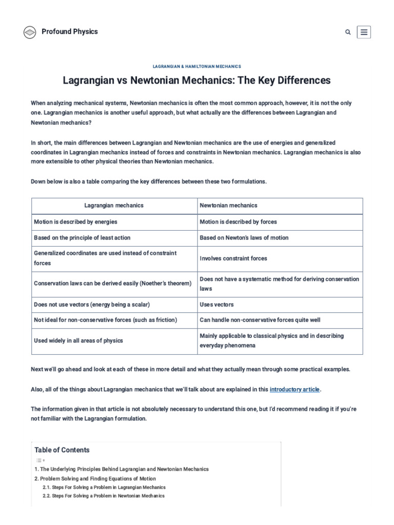 Lagrangian Vs Newtonian Mechanics - The Key Differences - Profound Physics | PDF | Lagrangian ...
