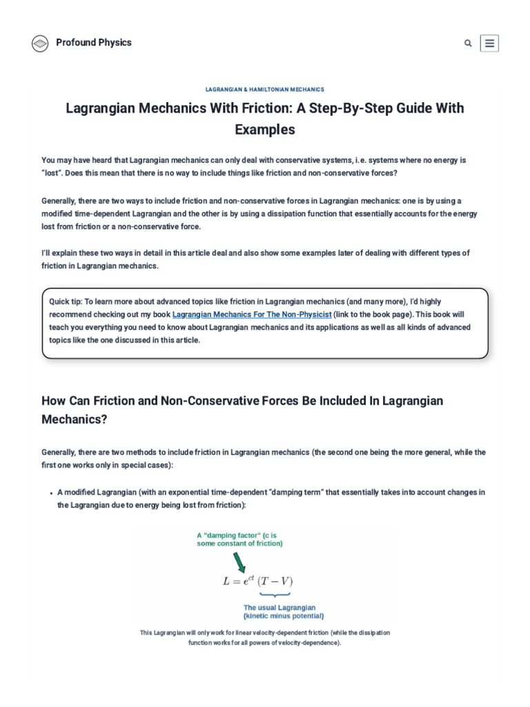 Lagrangian Mechanics With Friction - A Step-By-Step Guide With Examples - Profound Physics | PDF ...
