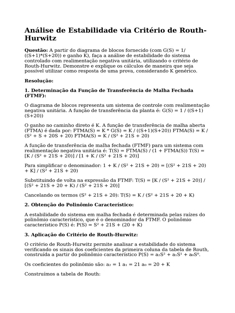 Analise Routh Hurwitz Nova | PDF | Comentários | Matemática