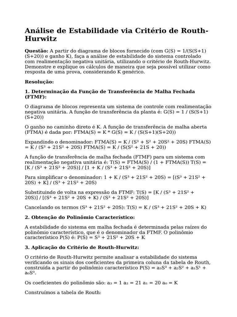 Analise Routh Hurwitz Terceira Ordem | PDF | Matemática aplicada