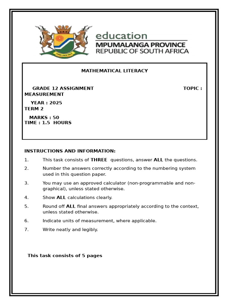 Math Lit Grade 12 Assignment 1 2025 Eng QP | PDF | Body Mass Index ...