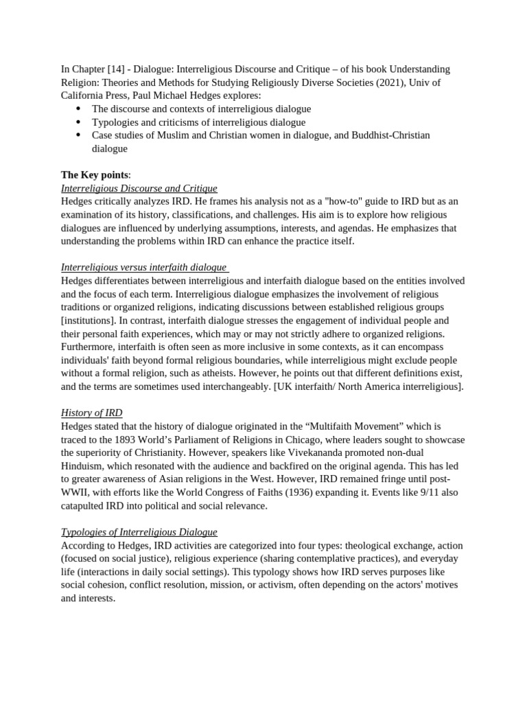 Summary and Reflection Chapter 14 - HEDGES | PDF | Interfaith Dialogue
