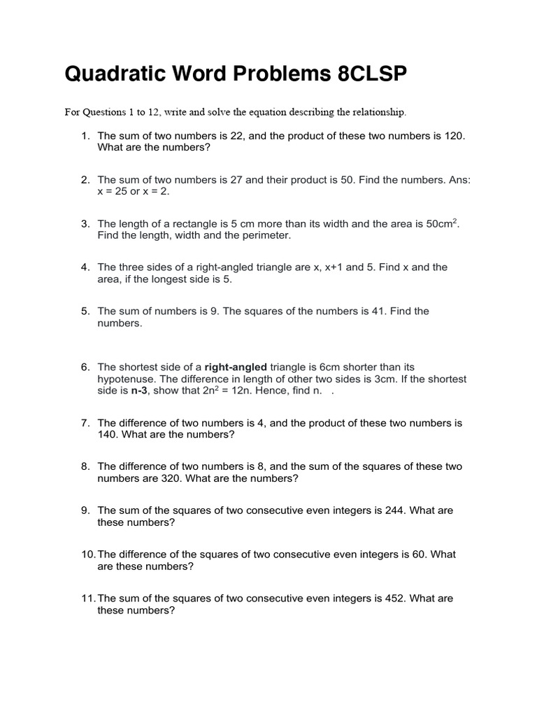 Quadratic Equation Word Problems | PDF | Number Theory | Euclidean ...