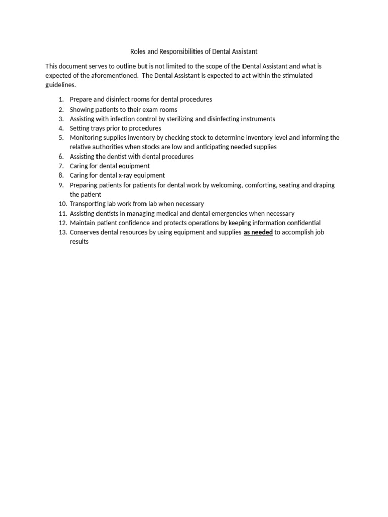 Roles and Responsibilities of Dental Assistant | PDF