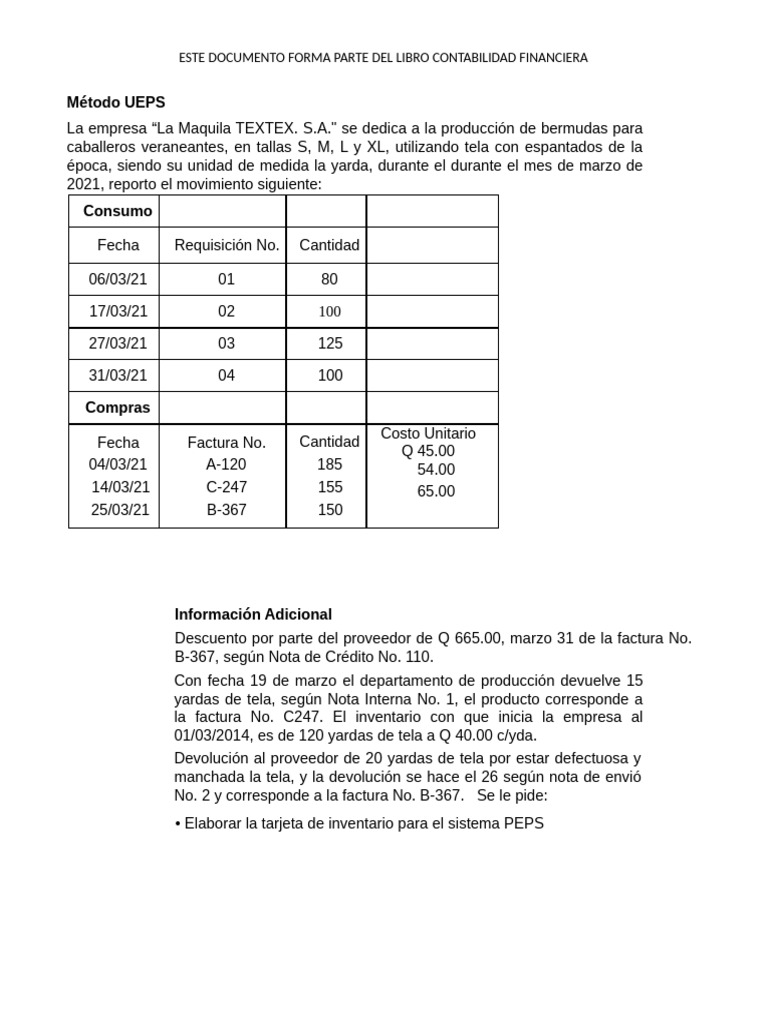 Tarjeta de Inventario Método UEPS | PDF