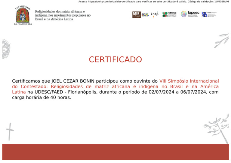 Certificado Participacao DVtyM | PDF