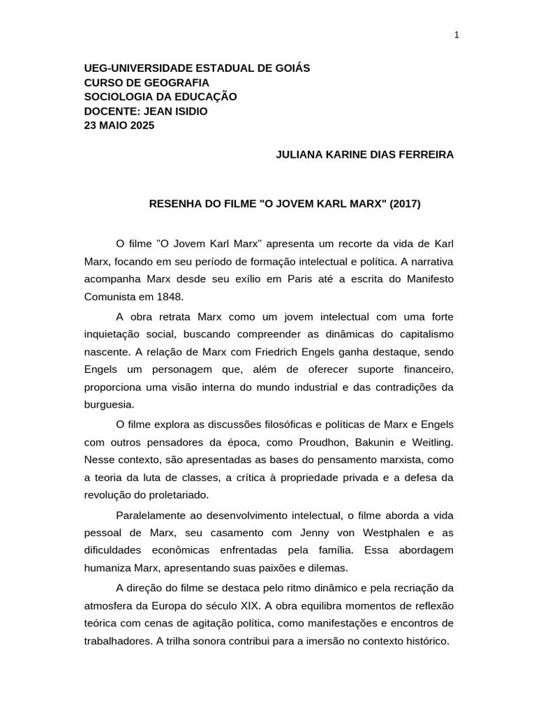 Resenha Do Filme o Jovem Karl Marx (2017) | PDF