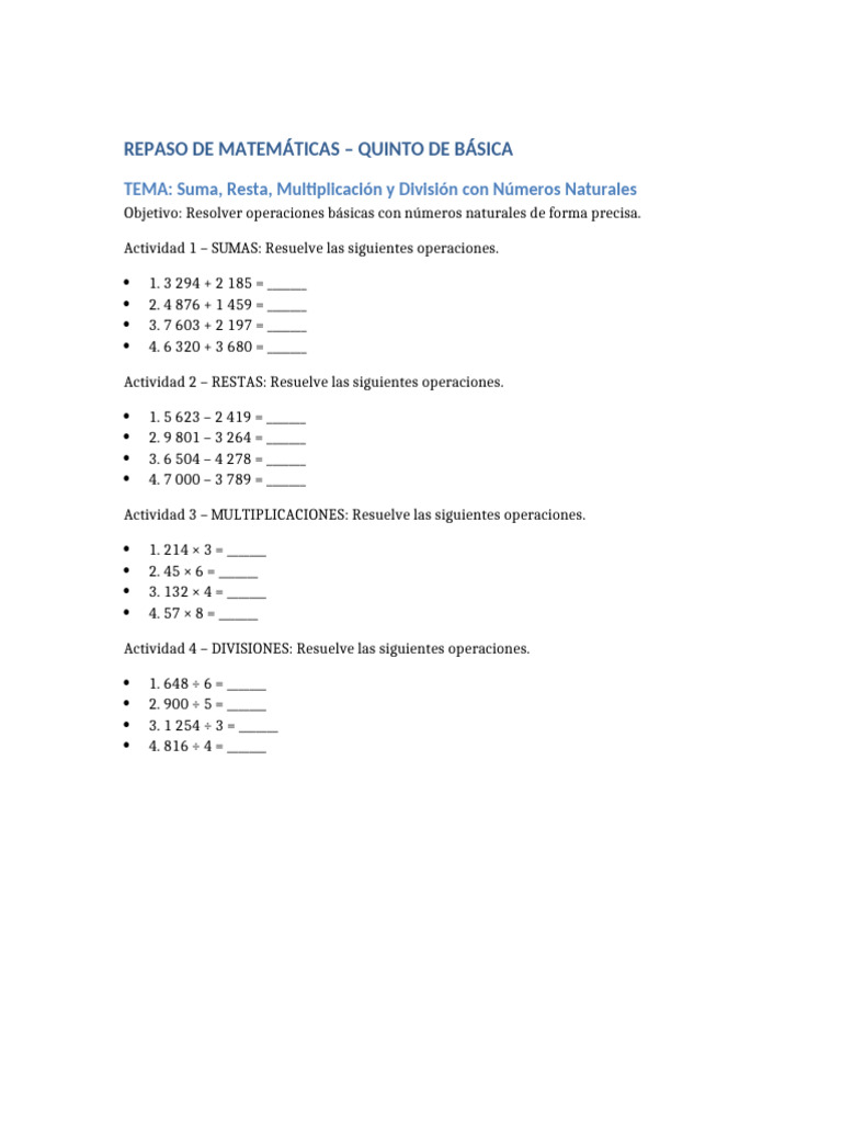 Operaciones Básicas para Quinto Grado | PDF
