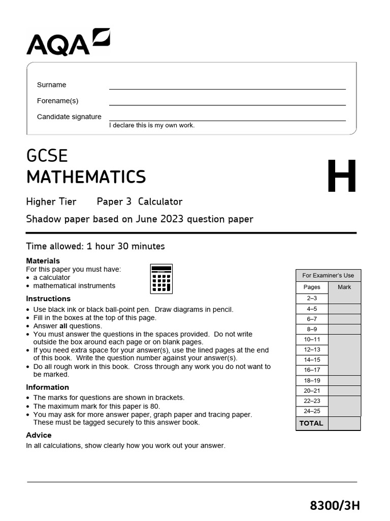 AQA GCSE Maths Higher Tier Paper 3 | PDF | Mathematics