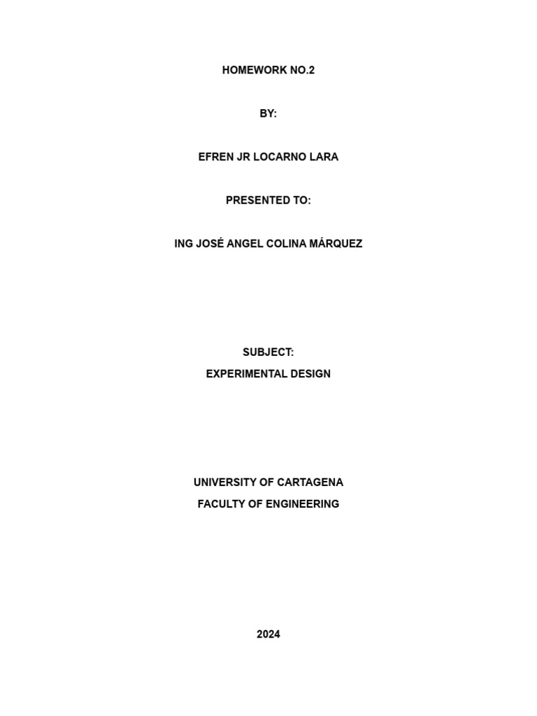 Answer Homework 2 Efren Locarno Experimental Design | PDF | Errors And Residuals | Analysis Of ...