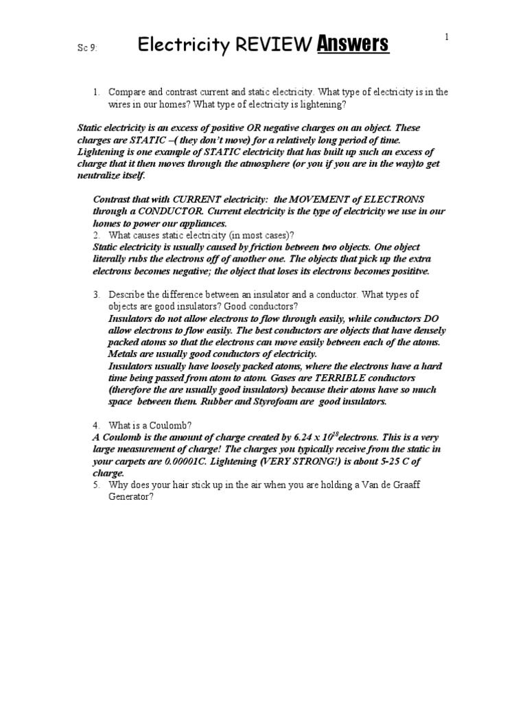 Electricity Unit Test Review Answers | PDF | Series And Parallel ...