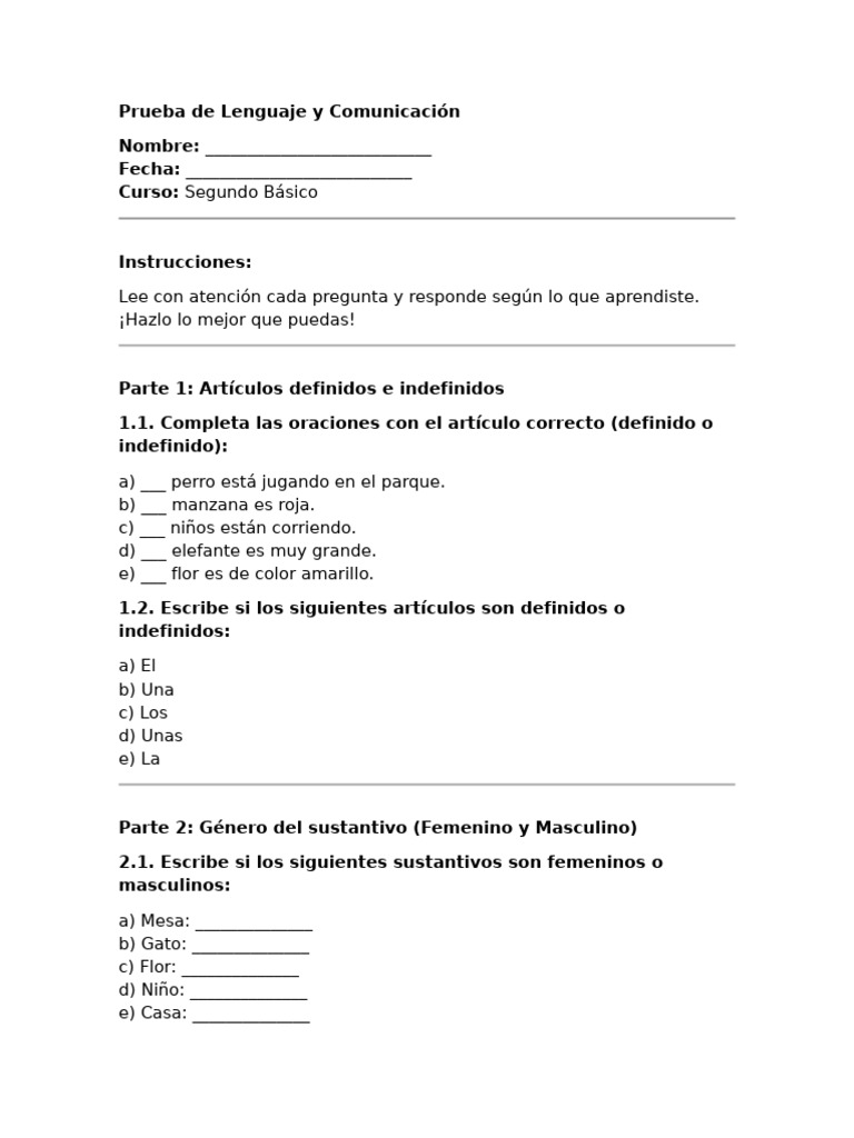Prueba de Lenguaje y Comunicación Sustantivos | PDF