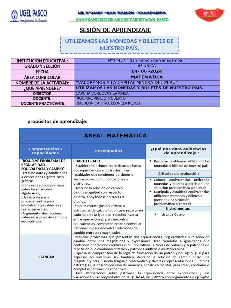 Sesion - Matematica Monedas y Billetes - Planifiaccion | PDF | Matemáticas
