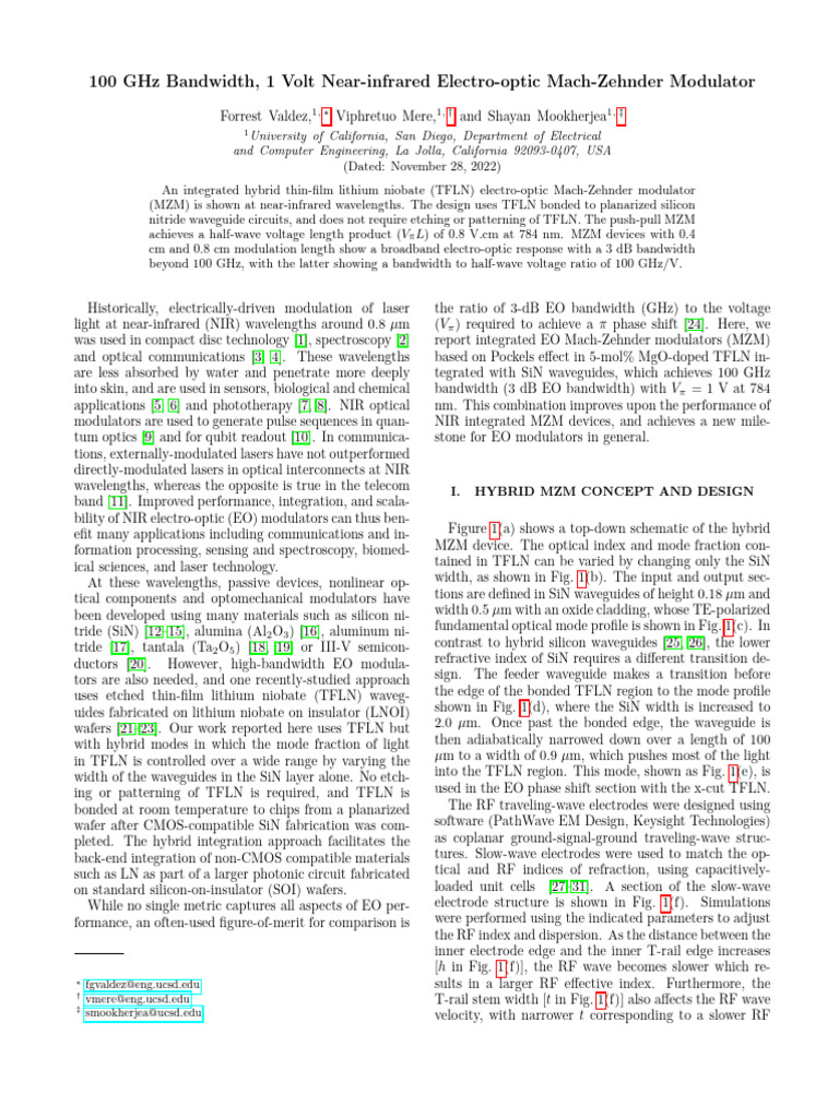 100 GHZ Bandwidth, 1 Volt Near-Infrared Electro-Optic Mach-Zehnder ...