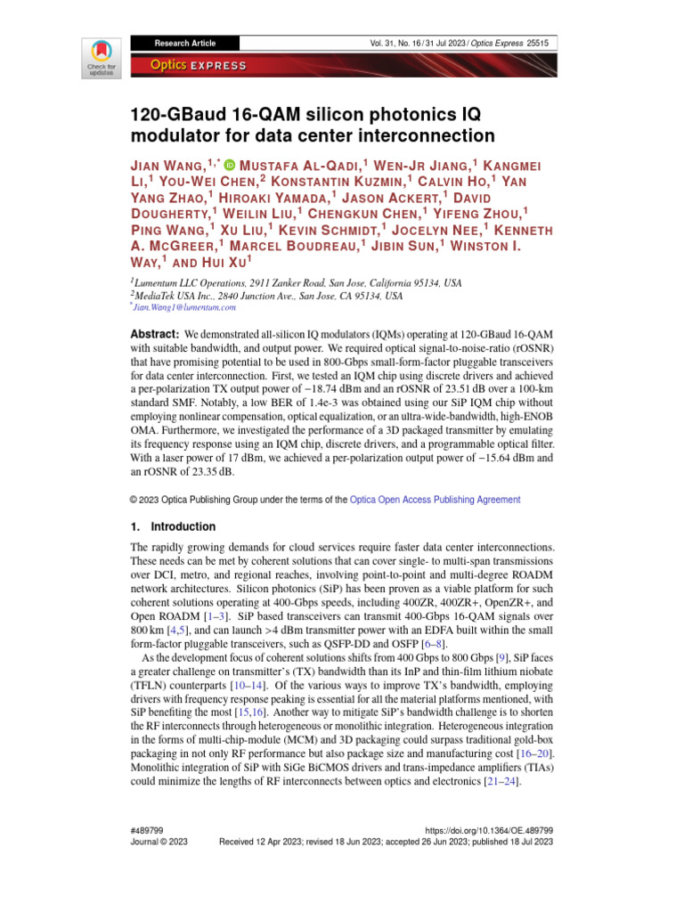 Oe2023-Lumentum-120-GBaud 16-QAM Silicon Photonics IQ Mod For Data Center Interconnection | PDF ...