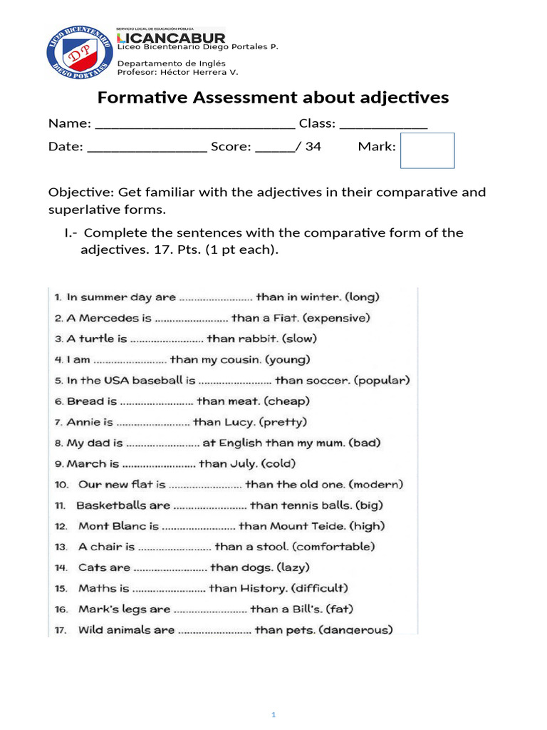 Formative Assessment About Adjectives | PDF