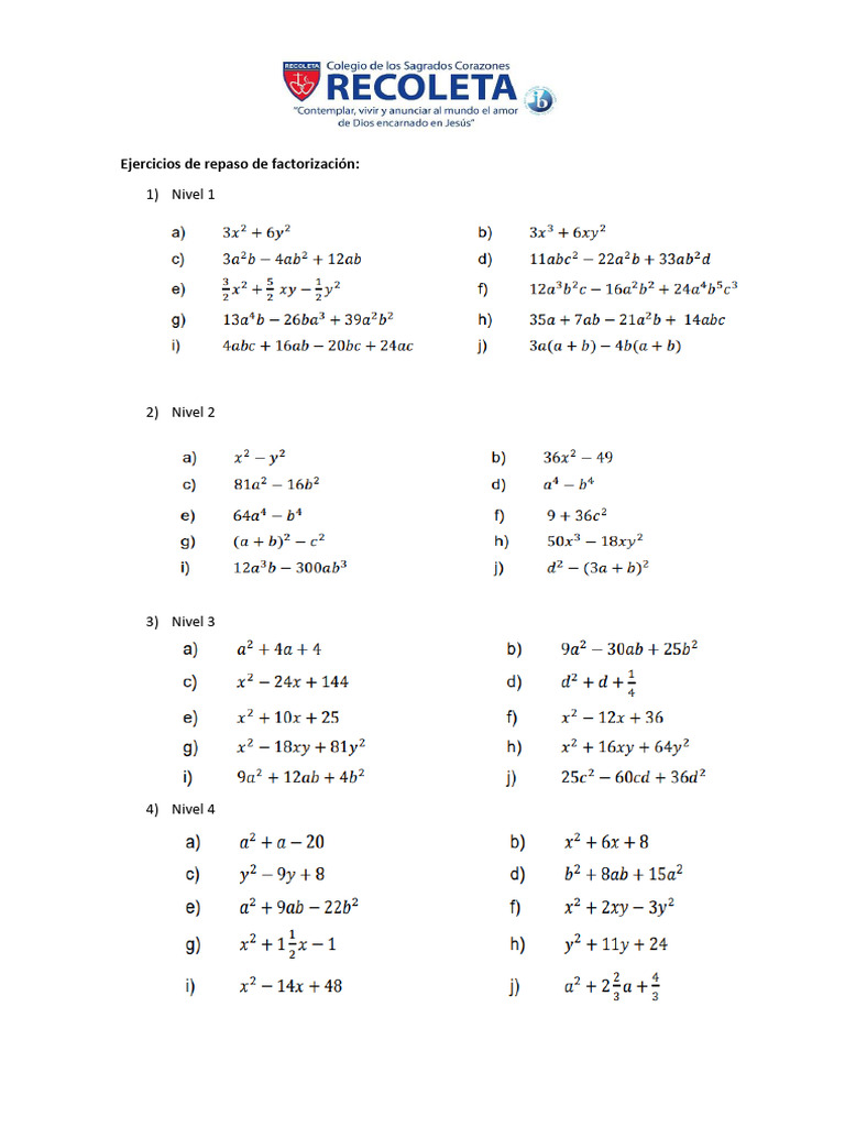 Ejercicios de Repaso de Factorizacion | PDF