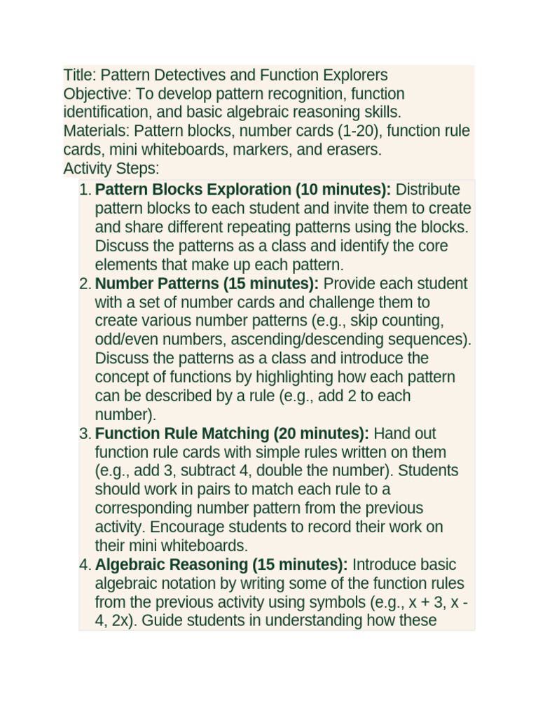 Class Activity For Patterns, Functions and Algebra | PDF