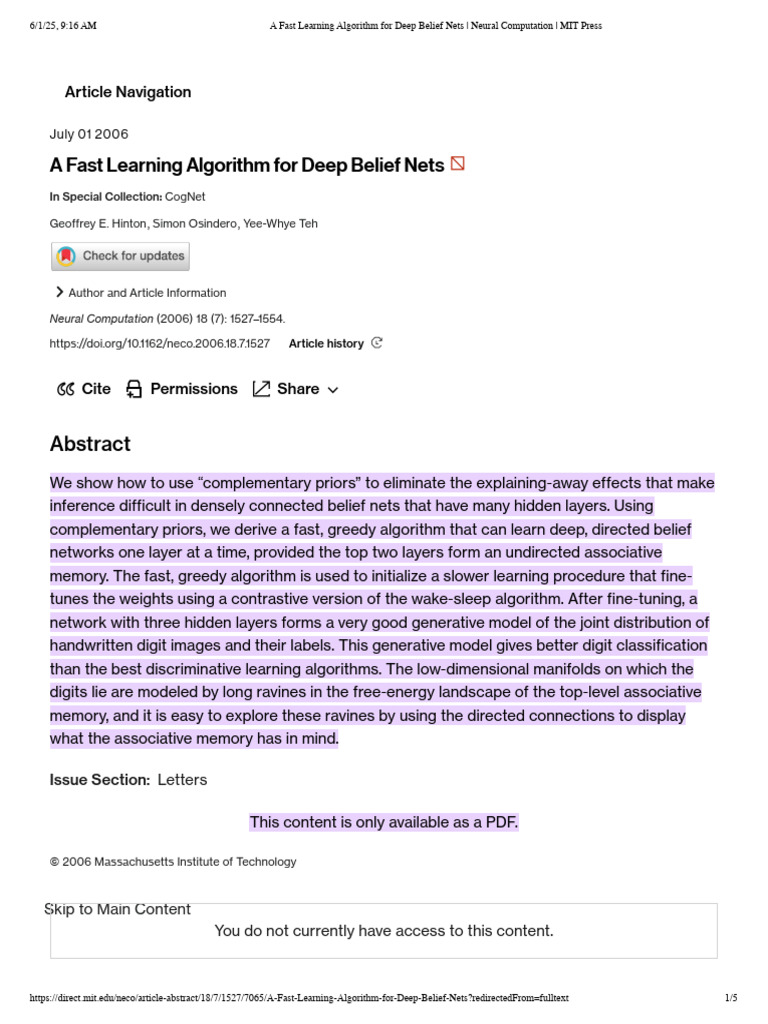 DEEP-BELIEF-NETS - A Fast Learning Algorithm For Deep Belief Nets - Neural Computation - MIT ...