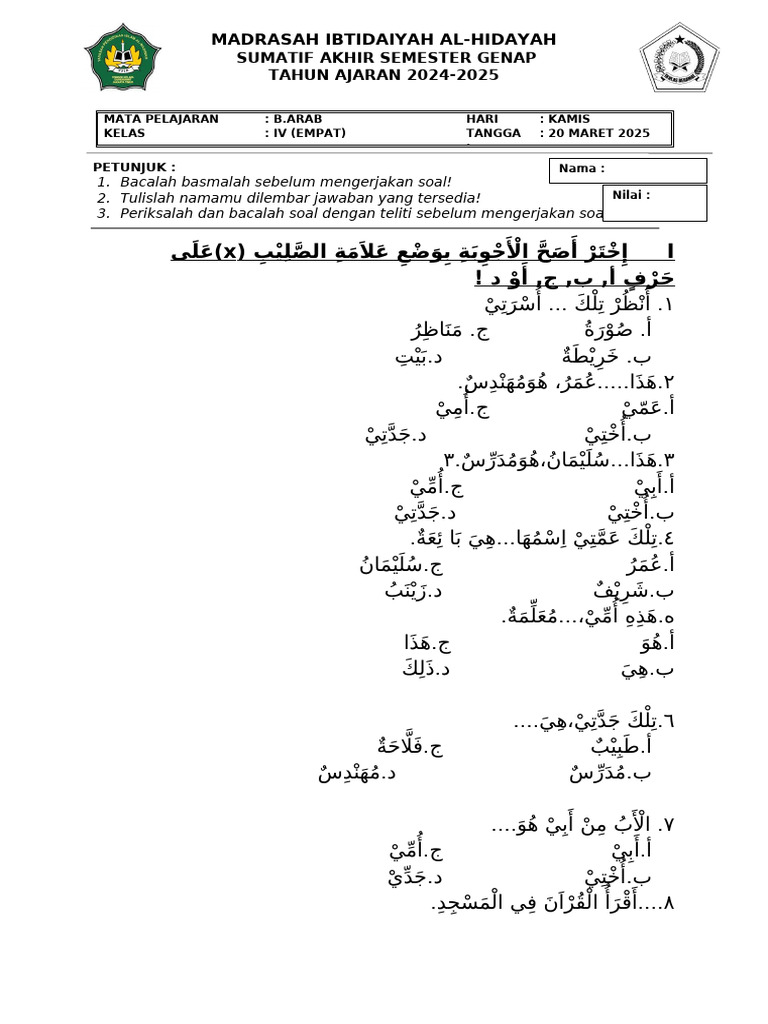 ASAT Bahasa Arab Kls 4 MI Genap | PDF