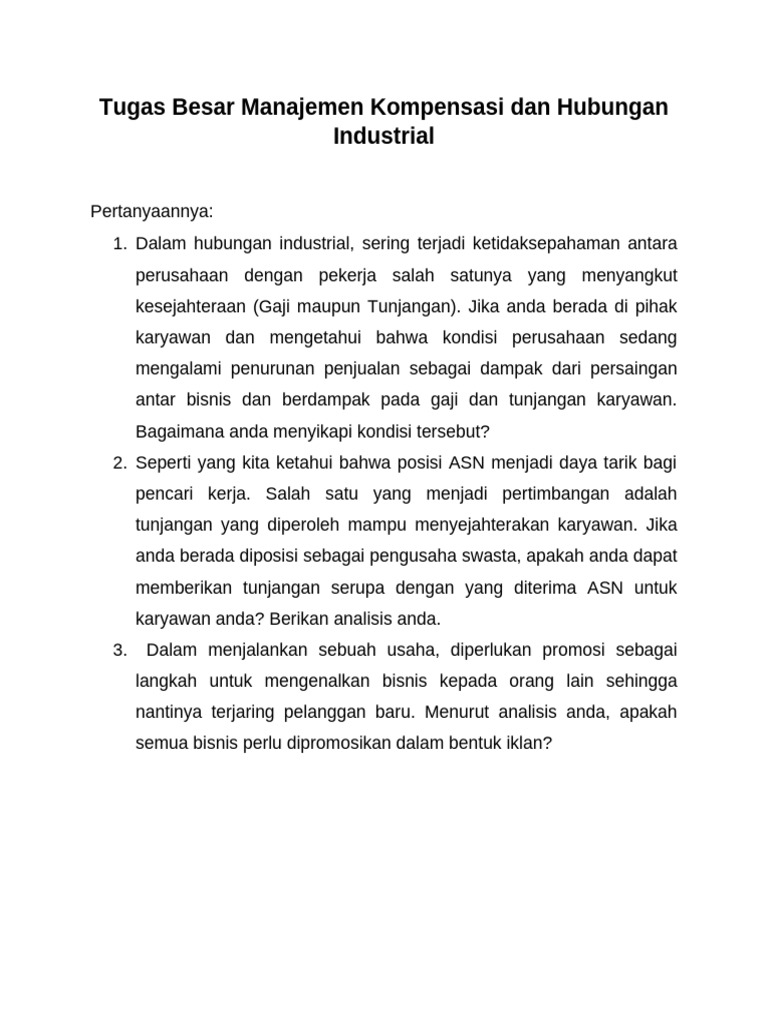 Tugas Besar Manajemen Kompensasi Dan Hubungan Industrial | PDF
