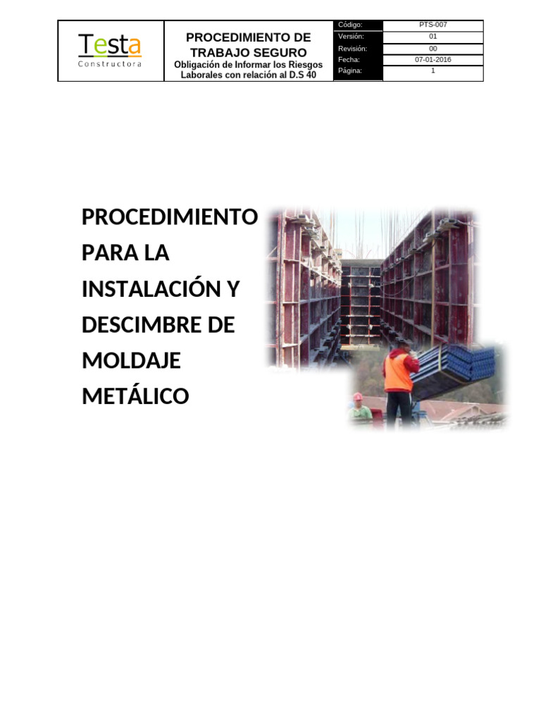 Procedimiento Seguro para Moldaje Metálico | PDF | Muerte | Riesgo