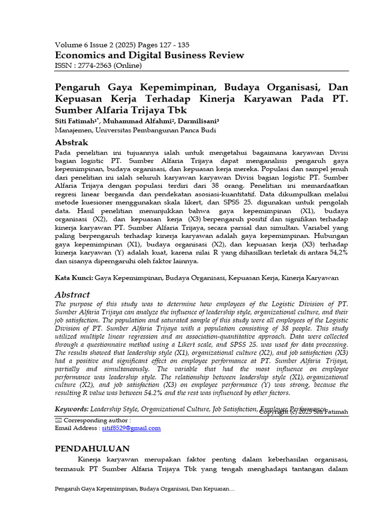 J13 Pengaruh Gaya Kepemimpinan, Budaya Organisasi, Dan Kepuasan Kerja Terhadap Kinerja Karyawan ...