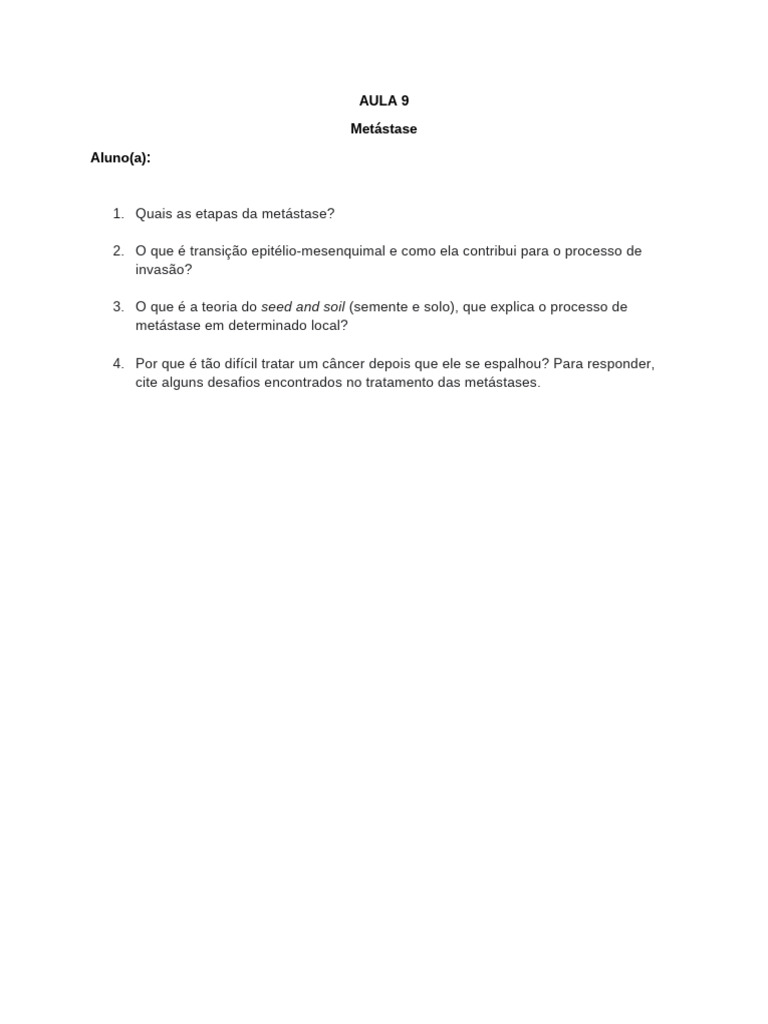 Atividade Aula Metastase | PDF