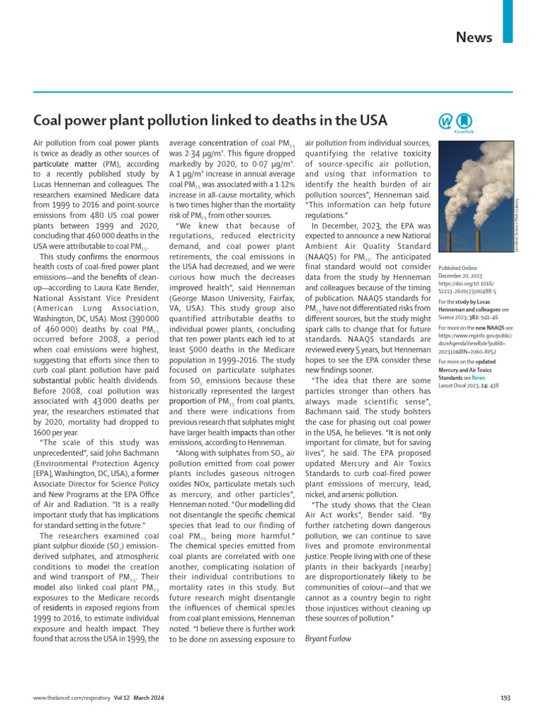 Coal Power Plant Pollution Linked To Deaths in The | PDF | Air ...