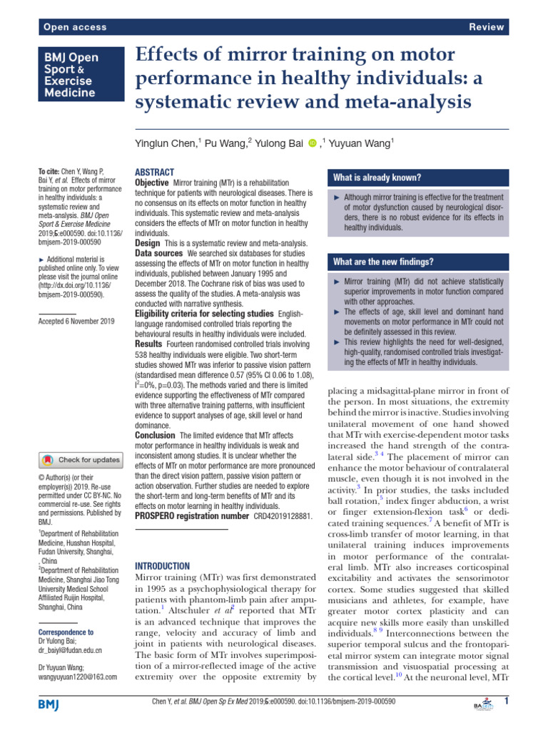 Effects of Mirror Training On Motor | PDF | Systematic Review ...